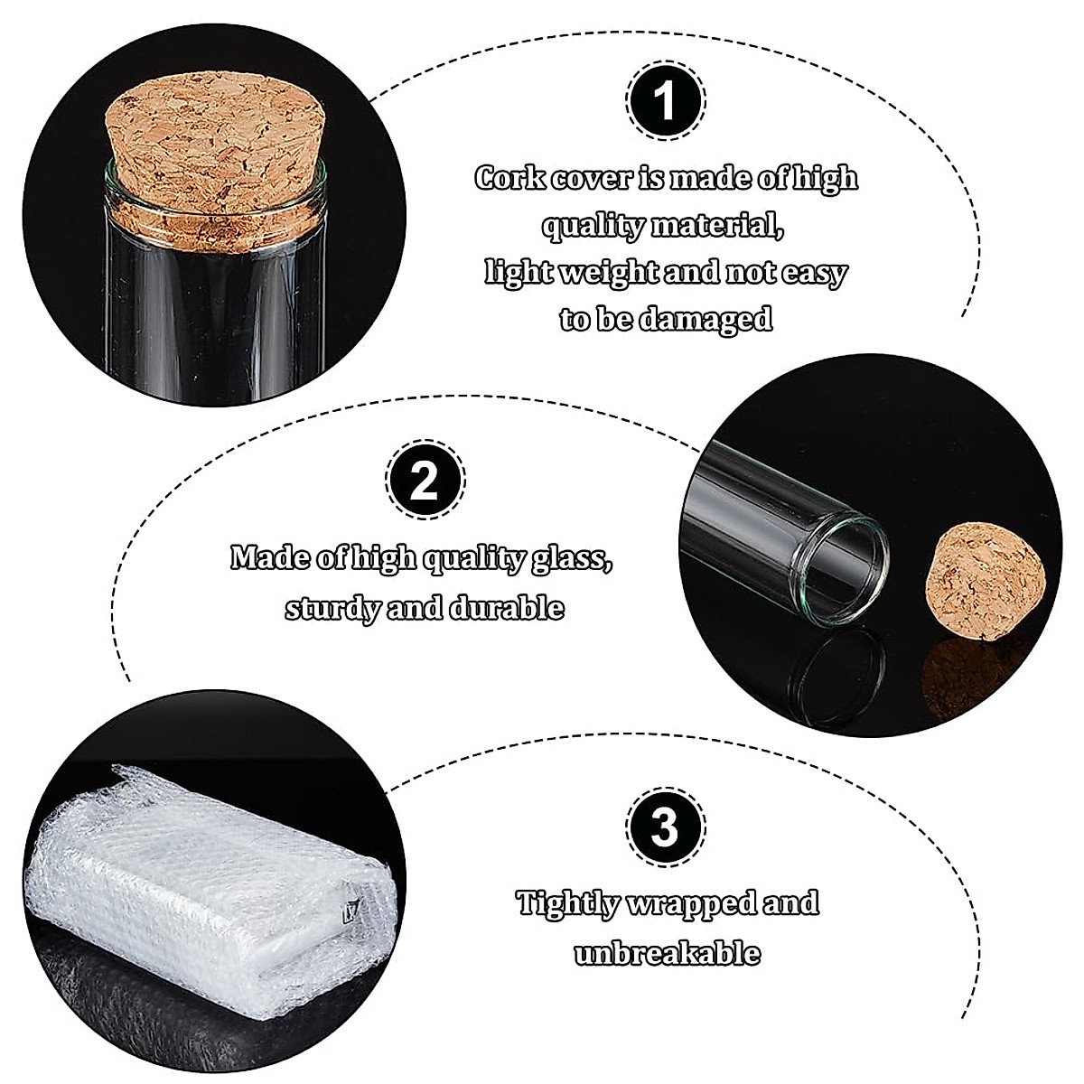 BENECREAT 10 Pack 60ml Glass Test Tube with Cork Stopper Clear Flat Mini Glass Bottles Jars for Wedding Party Favors, Candy, Spices, Beads, Mother's Day Home Decor