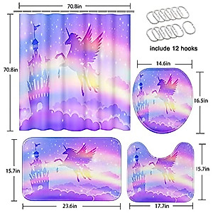 Unicorn Rainbow Castle Bathroom Sets with Shower Curtain and Rugs and Accessories, Kids Shower Curtain Sets, Girl Princess Fly Horse Shower Curtains for Bathroom, Fantasy Pink Bathroom Decor 4 Pcs