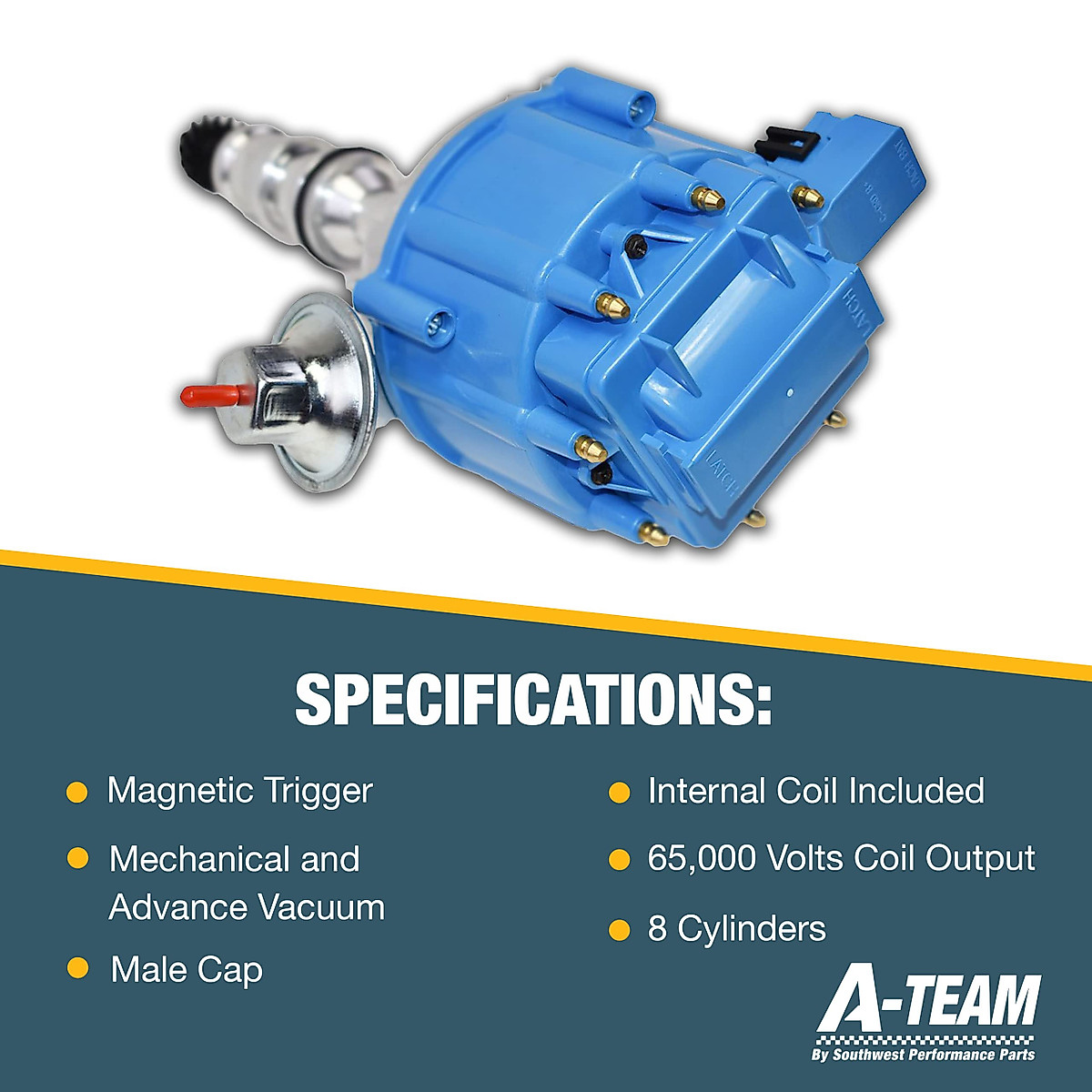 A-Team Performance - HEI Complete Distributor 65,000 Volts Coil - Compatible With Big Block Ford FE V8 352 360 390 406 410 427 428 One-Wire Installation Blue Cap