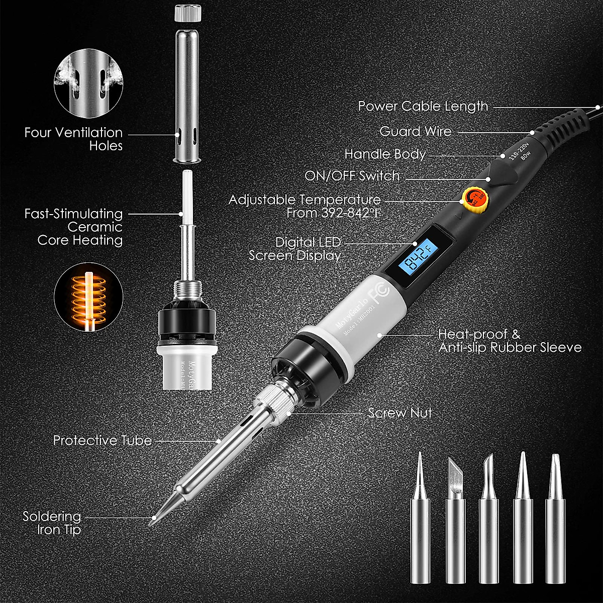 Soldering Iron Kit, 80W LCD Digital Soldering Gun with Adjustable Temperature Controlled, ON-Off Switch, 5pcs Soldering Tips, Solder Wire Tube, Desoldering Pump14pcs Welding Tool