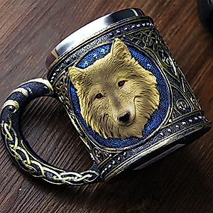 EZESO Stainless Steel Wolf Mug, Resin 3D Wolf Coffee Cup Stainless Steel Travel Tea Wine Beer Mugs (Wolf Mug)