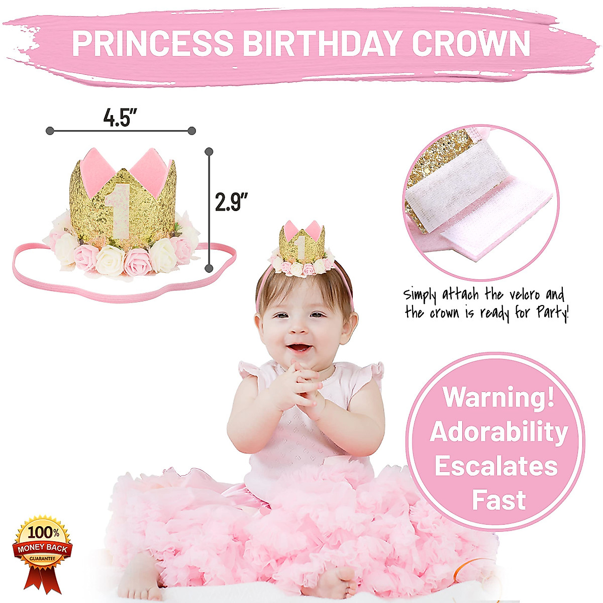 1st Birthday Girl Decoration High Chair Tutu Skirt WITH No.1 Crown -1st Birthday Decorations Cake Smash for Baby Girls - First Birthday Banner, Princess Crown and 'ONE' Cake Topper in Baby Pink n Gold