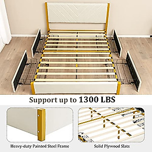 Giantex Full Size Upholstered Bed Frame, Wooden Slatted Bed with Adjustable Headboard & 4 Storage Drawers, Deluxe Platform Bed Frame with 1300 LBS Weight Capacity, No Box Spring Needed, Gold&Beige