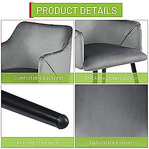 FurnitureR Set of 2, Velvet Fabric Side Accent Arm Scandinavian Modern with Metal Legs for Home Kitchen Living Bedroom Dining Chair, Grey