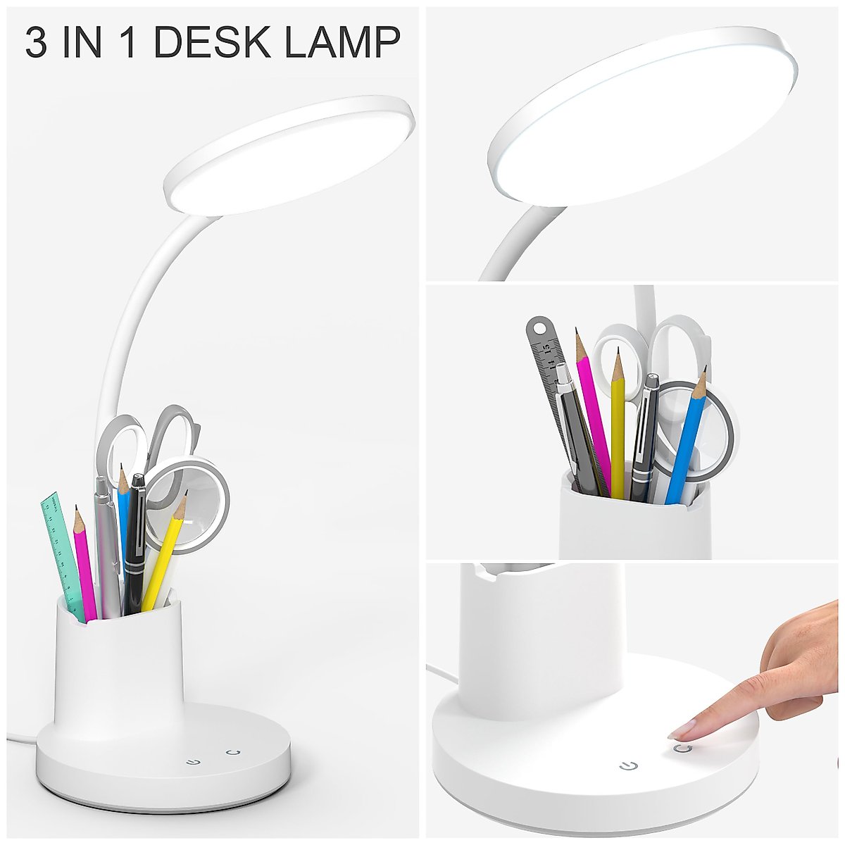 Vicsoon Desk Lamp, LED Desk Lamp for Home Office, Touch Table Lamp with 3 Color Modes 360° Adjustable Arm, Dimmable Desk Light with Pen Phone Holder, White