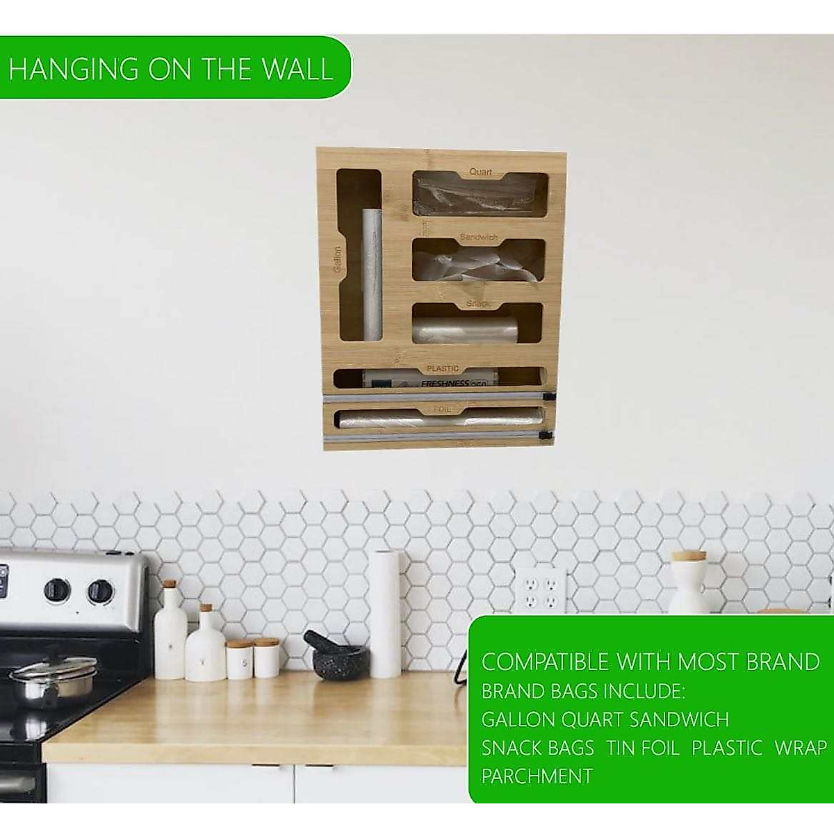 BATHA 6 in 1 Bamboo Ziplock Bag Storage Organizer with Foil and Plastic Wrap Dispenser with Cutter, Bamboo, Bag Organizer, 12" Roll Plastic Wrap, Foil…