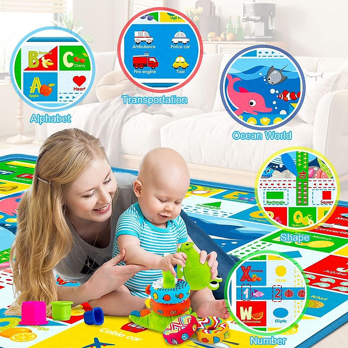 44" x 59" Baby Play Mats for Floor, Baby Crawling Mat, Kids Play Rug, Foldable Non Slip Tummy Time Mat Soft Plush Surface Baby Playmat for Toddlers & Infants, Classroom Playroom Bedroom Activity Mat