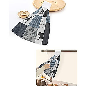 Retro Countryside Bear Moose Woods Hand Towel with Hanging Loop, Grey Blue Buffalo Plaid Hanging Tie Towels Set 2 Pcs, Kitchen Absorbent Towel for Bathroom Tea Bar Laundry