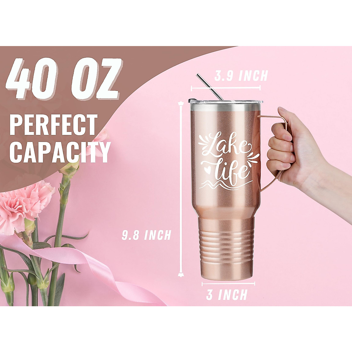 Onebttl Lake House Gifts, Lake Gifts for Women, Men, 40oz Insulated Travel Cup with Handle Lake Life Gifts, Housewarming Gifts for Lake House, Gifts for Lake Lovers, Rose Gold - Lake Life