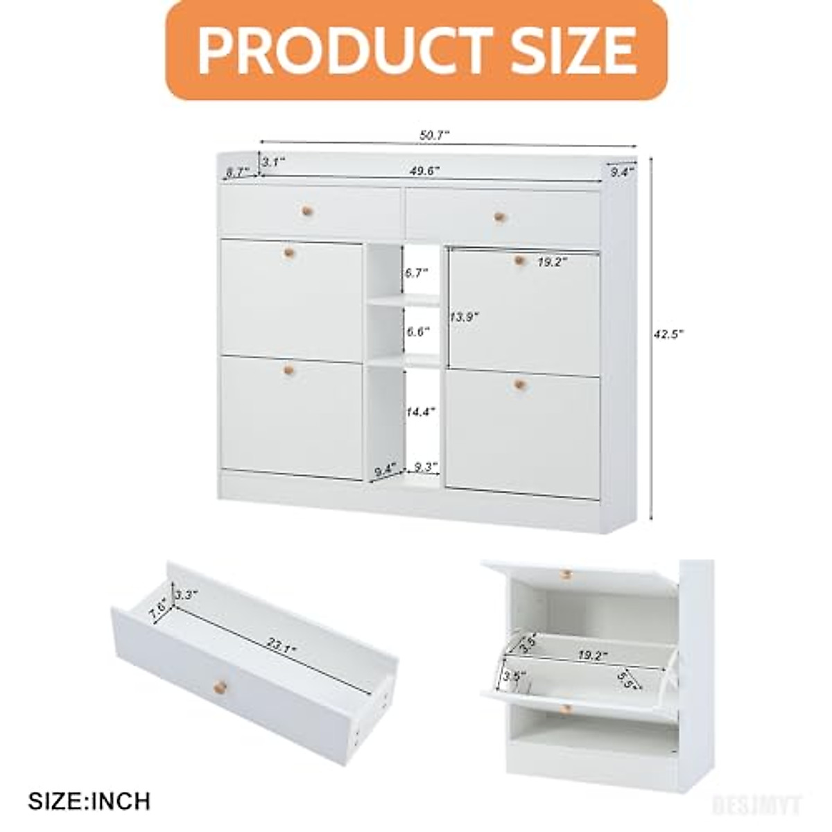 5-Tier Shoe Cabinet with Doors, Modern Shoe Storage Cabinet with Adjustable Shelves and Drawer, Freestanding Shoe Rack Organizer for Living Room Hallway Entryway, White (47.2" x 11.8" x 39.4")