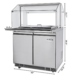 KoolMore 36 in. Commercial Refrigerated Prep Station with Sneeze Guard and Buffet Slide, 6 Pans with Covers and Two Adjustable Shelves in Stainless-Steel, ETL Listed (KM-RBT-36CSFG)