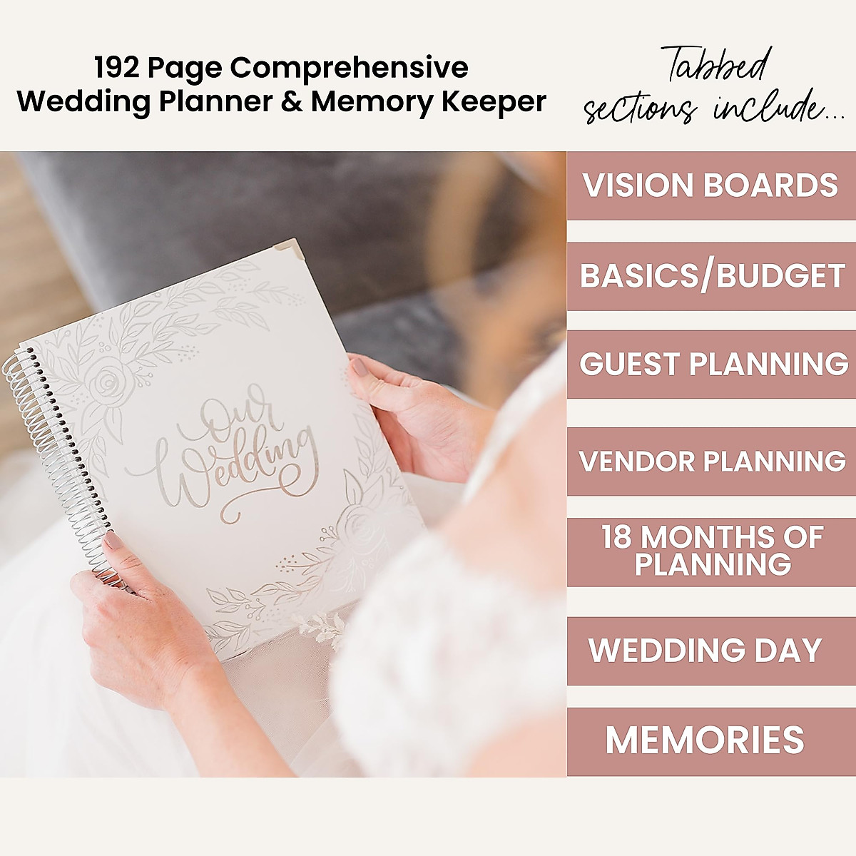 bloom daily planners Wedding Planner & Organizer/Hardcover Keepsake Journal with Essential Planning Tools - Checklists, Vision Boards, Tips & More - 9"x11" - Silver Floral (Undated)
