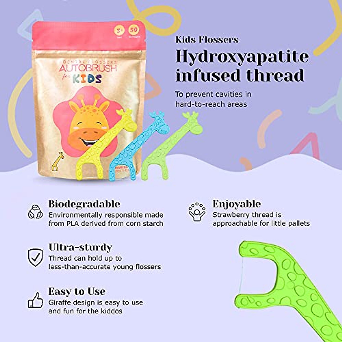 AutoBrush for Kids Strawberry Flavored Dental Flossers, First Nano-hAp (Nano Hydroxyapatite) Infused Floss Picks (1 Pack)