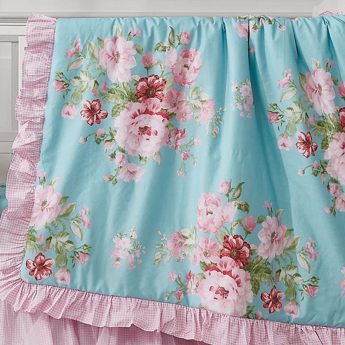 Brandream Baby Girls Crib Bedding Set Watercolor Botanical Floral Nursery Bedding Set Pink Green Blue Aqua Red Boho Farmhouse Country Princess Chic Rose Ruffle 3-Piece