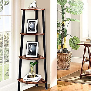 Giantex 4-Tier Corner Shelf Industrial Multipurpose Bookcase, Home or Office Storage Rack, Wood Plant Stand with Metal Frame (Rustic Brown)