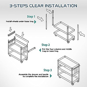 3 Tier Rolling Tool Cart Utility Cart on Wheels, Heavy Duty Tool Chest Storage Tool Box Cart, Industrial Mechanic Service Cart with Locked Drawers for Garage, Warehouse, Repair Shop, Workshop (Black)