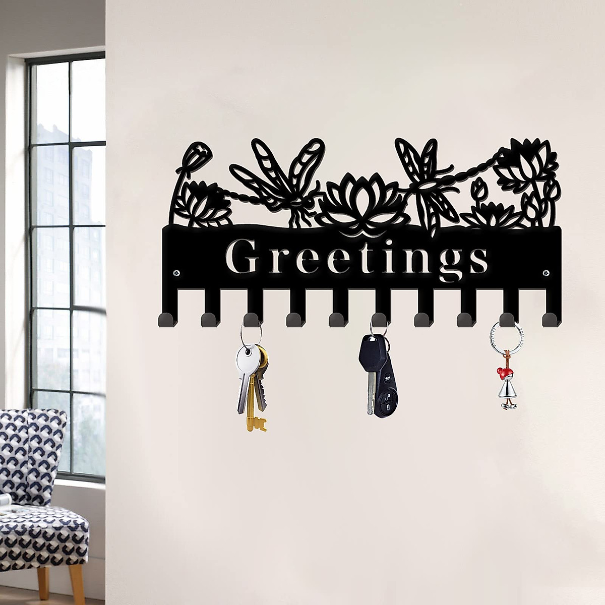 INFUNLY Key Hook for Wall Metal Key Hanger Hook 10 Hooks Dragonflies and Lotus Key Organizer Rack Wall Mounted Hanger for Keys Scarves Pet Leashes Entryway Front Door Kitchen Hallway