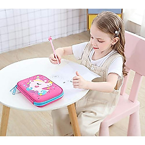 Pencil Case for Girls, 3D Cute EVA Unicorn Pen Pouch Stationery Box Anti-Shock Large Capacity Multi-Compartment for School with 4 unicorn pens