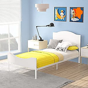 Timy Kids Twin Bed Frame with Wooden Headboard and Footboard, Metal Platform Bed Frame for Boys Girls Teens Adults, Modern Kids Bed Furniture, No Box Spring Needed, White