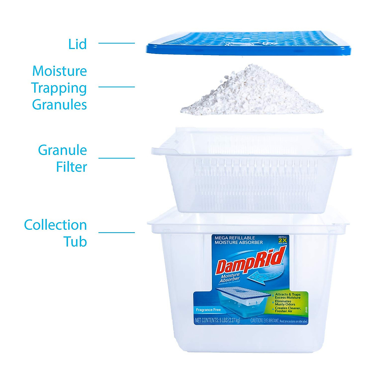 DampRid - Fragrance Free Mega Refillable Moisture Absorber - (5 lb.) - Traps Moisture in Basements & Large Areas for Fresher, Cleaner Air