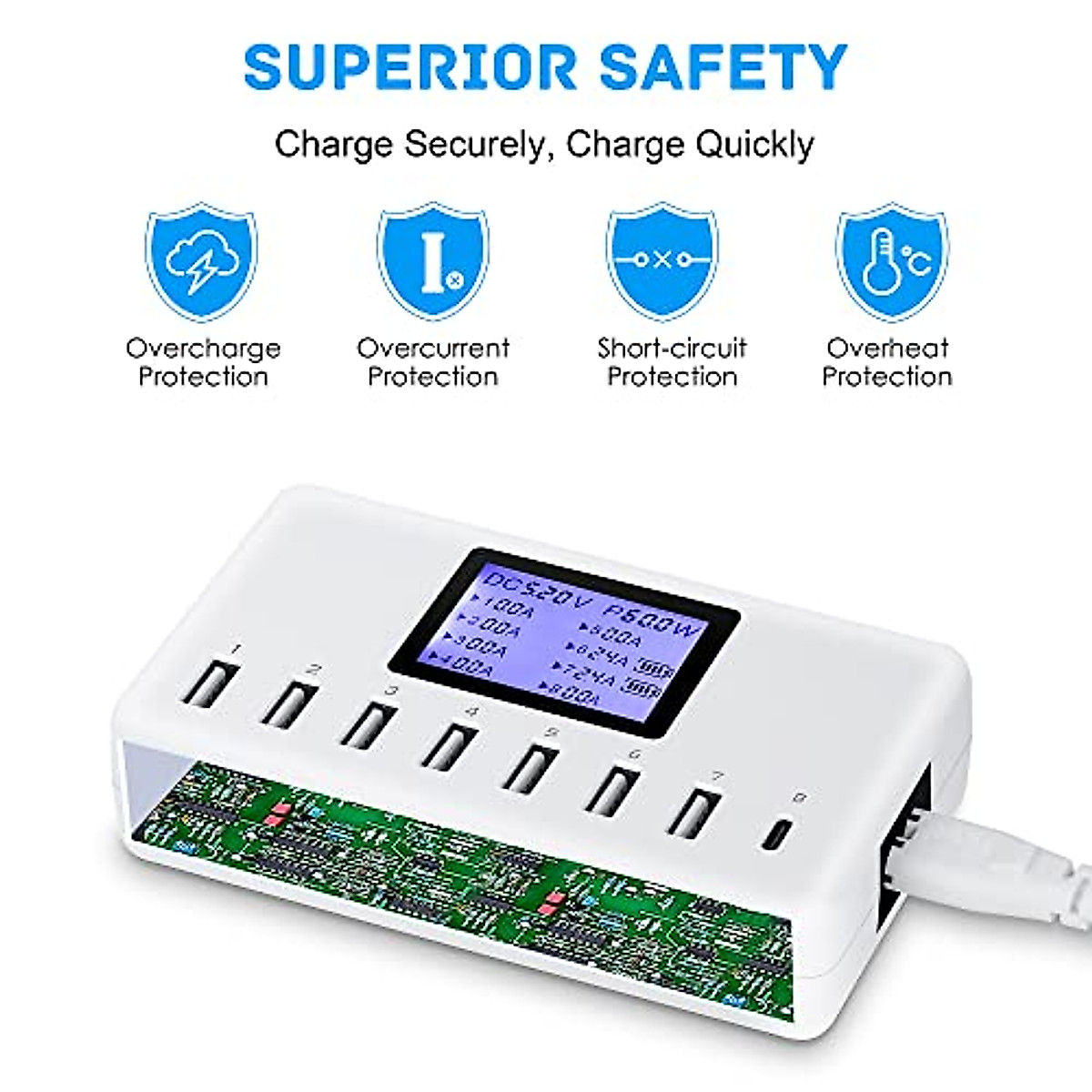 USB Charger, slitinto 60W 12A 8-Port USB Charging Station Multi Port USB Hub Charger Compact Size LCD Display Compatible with iPhone iPad Samsung Kindle Tablet Bluetooth Earbuds and More