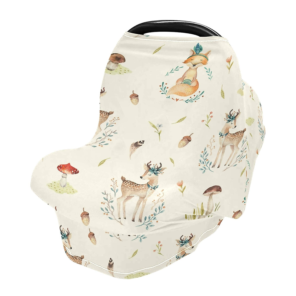 YYZZH Fox Deer Pattern Watercolor Boho Forest Animal Floral Mushroom Stretchy Baby Car Seat Cover Infant Canopy Nursing Covers Breastfeeding Cover Breathable Windproof Winter Scarf for Boys Girls