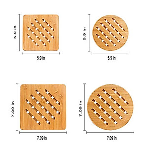 Natural Bamboo Trivet Mat Set, Kitchen Wood Hot Pads Trivet, Heat Resistant Pads for Hot Dishes/Pot/Bowl/Teapot/Hot Pot Holders, Anti-Hot Non-Slip Durable,Square and Round (Pack of 4), by MUWENTY