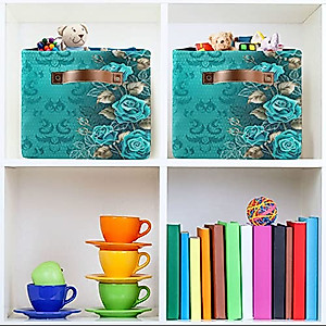 ALAZA Turquoise Rose Floral Foldable Storage Box Storage Basket Organizer Bins with Handles for Shelf Closet Living Room Bedroom Home Office 2 Pack