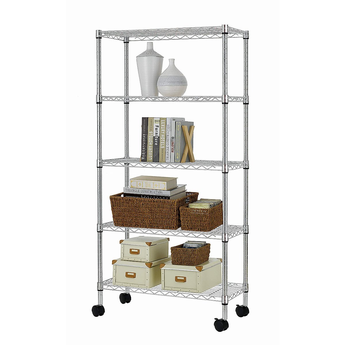 HSS 5 Shelf Wire Shelving Rack with Casters, 14" Dx30 Wx62 H, Chrome Color