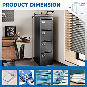 BYNSOE 4 Drawer File Cabinet with Lock Metal Vertical File Cabinet Office Home Vertical File Cabinet for A4 Legal/Letter Size Narrow File Cabinet Locked,Assembly Required (Black, 4 Drawers- Vertical)