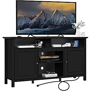 Yaheetech Black TV Stand with Doors for TVs up to 65 in, Modern TV Console with Power Outlet & Storage Shelf, Mid-Century Entertainment Center for Living Room, 31 in Tall