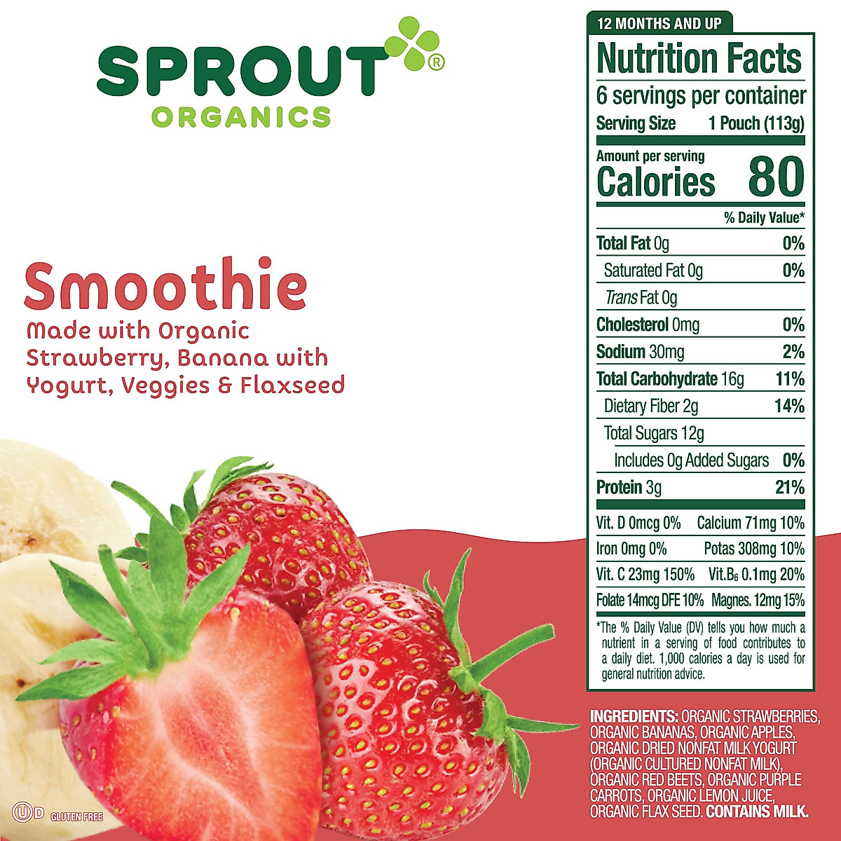 Sprout Organic Baby Food, Stage 4 Toddler Smoothie Pouches, Strawberry Banana & Yogurt, 4 Oz Purees (Pack of 12)