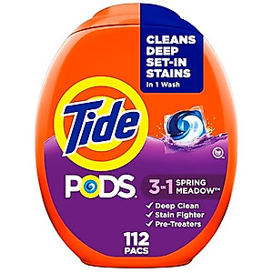Tide PODS laundry detergent pacs, 3-in-1 Stain Remover, Odor Fighter, Color Protector, 112 Count, HE compatible, Spring Meadow Scent