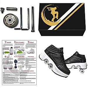 Roller Skates for Women Men Outdoor,2 in1 Parkour Shoes with Wheels for Girls/Boys,Double Row Deform Kick Roller Shoes Retractable Adults/Kids,Quad Roller Skates,Skating Shoes Recreation Sneakers