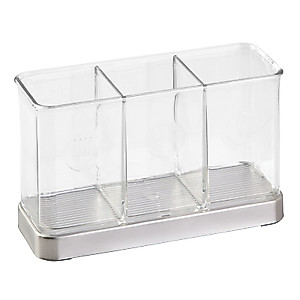 mDesign Plastic Cutlery Storage Organizer Caddy Bin for Kitchen Table, Cabinet or Pantry - Holds Forks, Knives, Spoons, Serving Utensils - Indoor or Outdoor Use, 3 Sections - Clear/Chrome