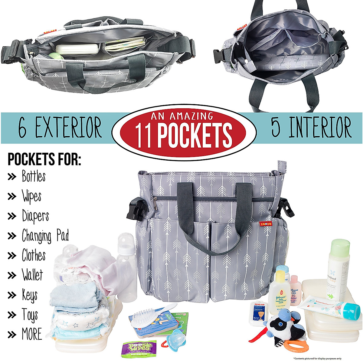 Zohzo Diaper Bag for Baby Diaper Tote Bag With Changing Pad, Insulated Pockets, Wipes Pocket, Waterproof Material, Stroller Straps, and Shoulder Strap