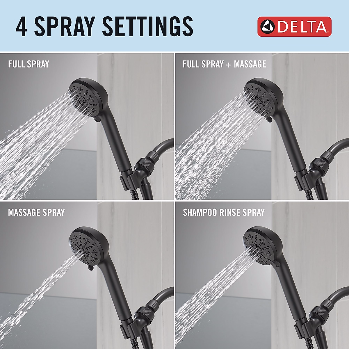 Delta Faucet 4-Setting Handheld Shower Head, Black Shower Head with Hose, Showerheads & Handheld Showers, Handheld Shower Heads, Detachable Shower Head, Hand Shower 1.75 GPM, Matte Black 75413BL