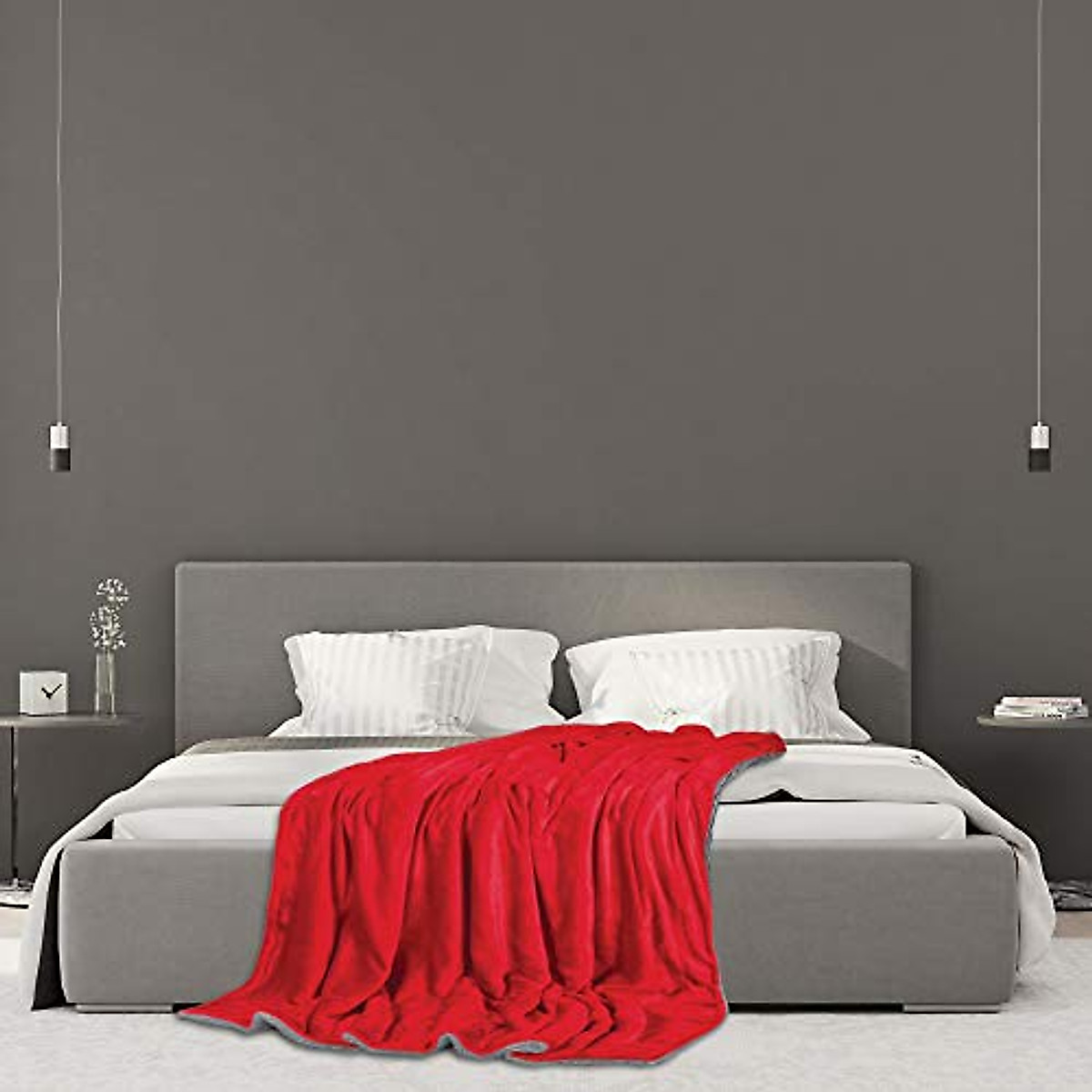 Glamvie Home Soft Reversible Sherpa Twin Size Blanket- Warm, Ultra-Plush, Dual-Sided Sherpa and Fleece Cover for Full or Twin Bed or Couch- Fluffy, Luxurious Faux-Sheepskin (60” x 80”) (Red)