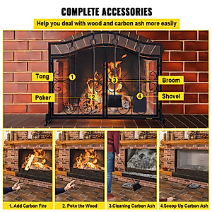 VEVOR Fireplace Screen, 39 x 26.6 Inch, Double Door Iron Freestanding Spark Guard with Support, Metal Mesh Craft, Broom Tong Shovel Poker Included for Fireplace Decoration & Protection, Black