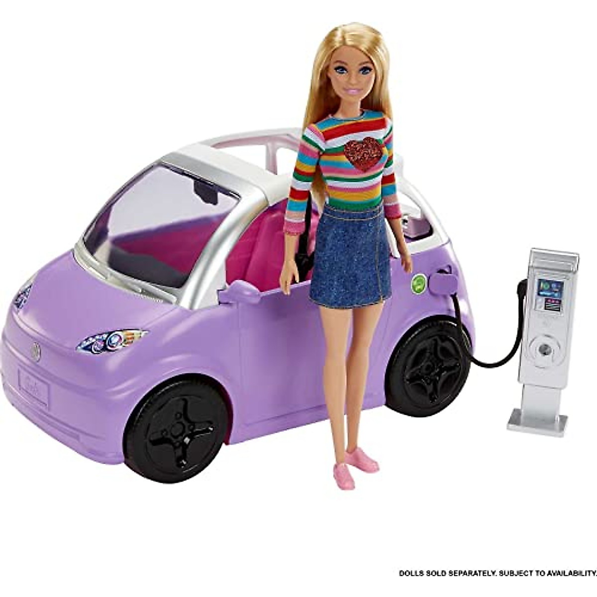 Barbie Toy Car "Electric Vehicle" with Charging Station, Plug and Sunroof, Purple 2-Seater Transforms Into Convertible (Amazon Exclusive)