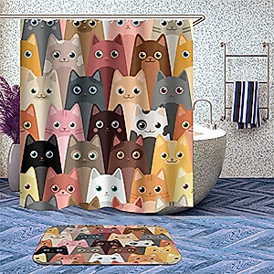 Zmcongz Cat 4 Pcs Shower Curtain Set Colorful Kitten Cartoon Kitty Funny Lovely Animal Bathroom Decor Bath Curtain with Rugs Toilet Lid Cover Bath Mat, 72x72 Inch