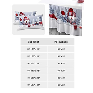 AMZRicher Winter Snowman Wrap Around Pleated Bed Skirts for Twin XL Bed 39x80, Decorative Dust Ruffle Bed Sheet & Bedskirt 18'' Drop Bedspread with Pillow Case 20x30 Christmas Forest Snowy Tree