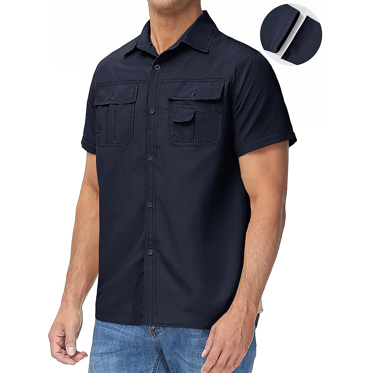 TACVASEN Men's Quick Dry UV Protection Zipper Convertible Long Sleeve Shirt Navy, L