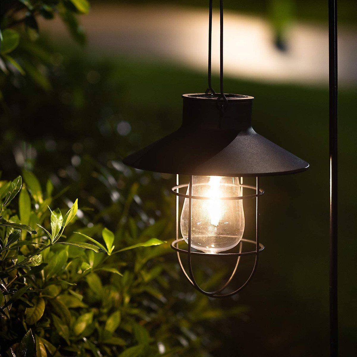 Hanging Solar Lights Lantern Lamp with Shepherd Hook,Metal Waterproof Edison Bulb Lights for Garden Outdoor Pathway (Black)