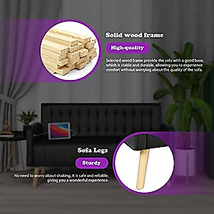 TYBOATLE 57" W Modern Striped PU Leather Loveseat Sofa w/ 2 USB Charging Ports, Mid Century Couch for Small Space Configuration, Living Room, Office, Apartment, Dorm, Black