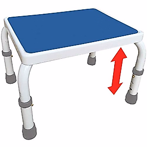 AdjustaStep Height Adjustable Step Stool- All Steel Construction, Anti-Slip Foot Pads and Platform. Bariatric Version Option. Modern White and Blue Finish.