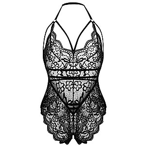 Lingerie for Women Mini Bodysuit Halter Teddy Chemise Sleepwear Scalloped Trim Lace Lingerie