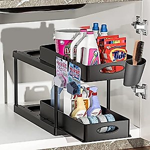 Under Sink Organizer, Double Pull-out Cabinet Organizer, 2-Tier Sliding Under Storage Drawer Shelf Basket with Hooks Hanging Cup for Kitchen Bathroom