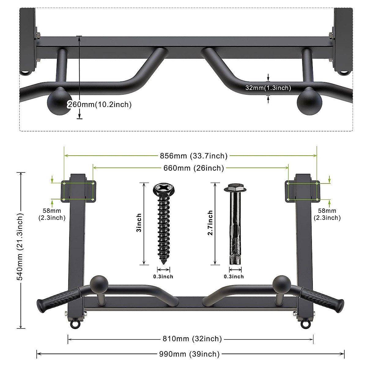 Kipika Multifunctional Joist Mounted Pull Up Bar, 4 Levels of Height Adjustment, Multi-Angle Grip, Chin Up Bar Joist Mount, Home Gym Workout Strength Training Equipment