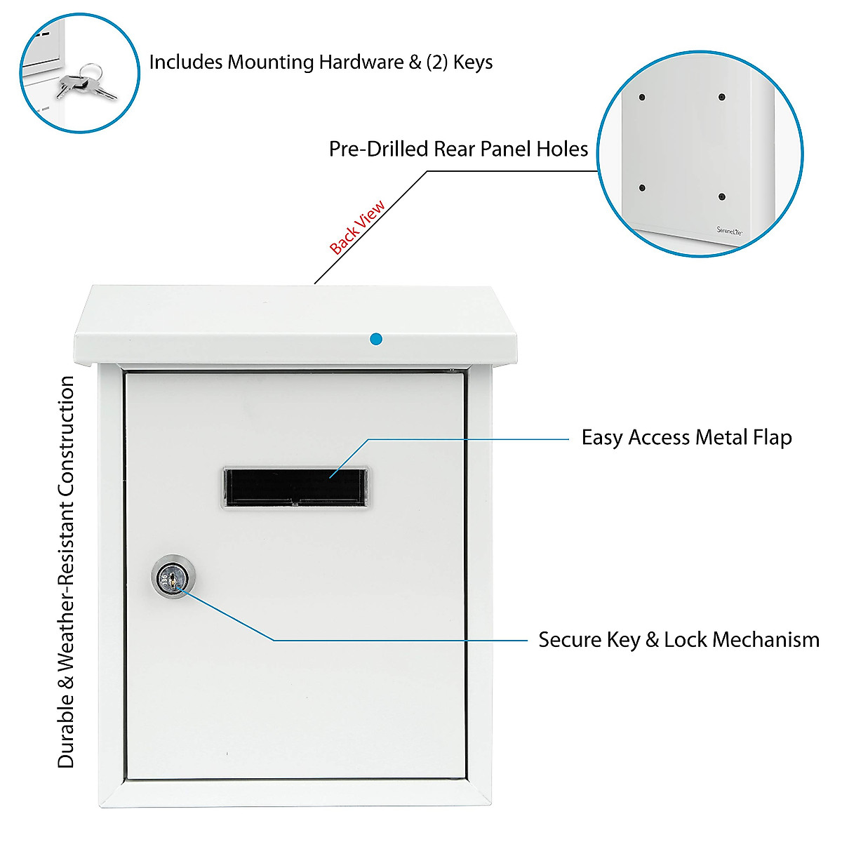 SereneLife SLMAB01 Weatherproof Wall Mount Mailbox-Outdoor Galvanized Metal Key Large Capacity, Commercial Rural Home Decorative & Office Business Parcel Box Package Drop Slot Secure Lock, White